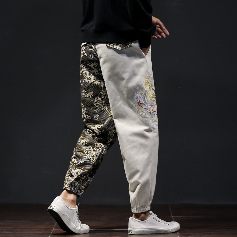 Embroidered Dragon Great Wave Tight End Pants | Zen Breaker